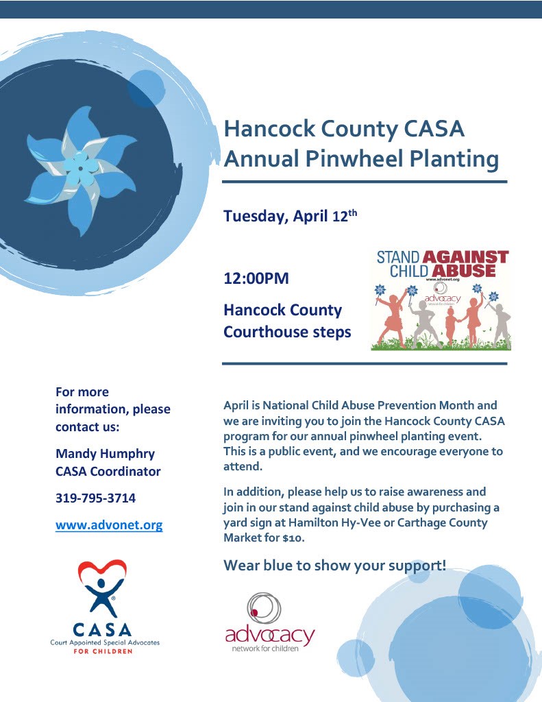 Hancock County Pinwheel Planting on April 12, 2022 - Advocacy Network